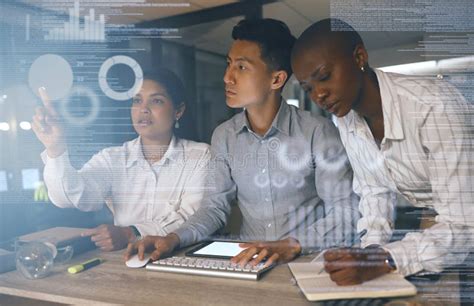 Digital Overlay And Team Of Business People In Office For Problem Solving System In Future