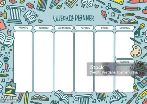 학교 주간 플래너 템플렛 책 펜 연필 및 미술 용품이있는 배경 낙서 학교 개체와 기호가있는 A4 크기 템플릿 손으로 그린 색상
