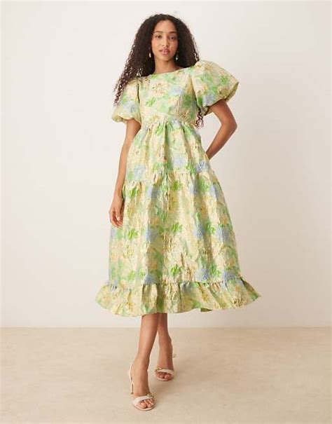 Dream Sister Jane Pasque Flower Jacquard Midi Dress Light Green And