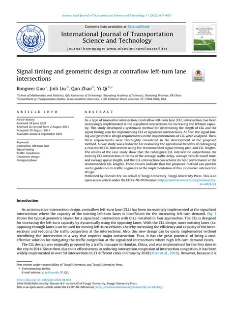 Signal Timing And Geometric Design At Contraflow Left Turn Lane Pdf Traffic Intersection