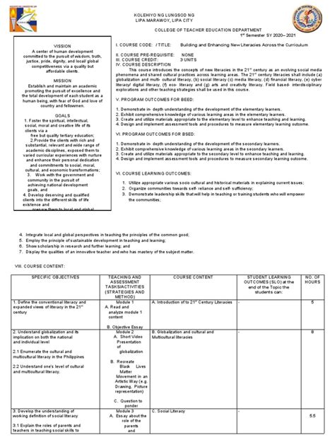 Building And Enhancing New Literacies Across The Curriculum Final Syllabus Pdf Teaching