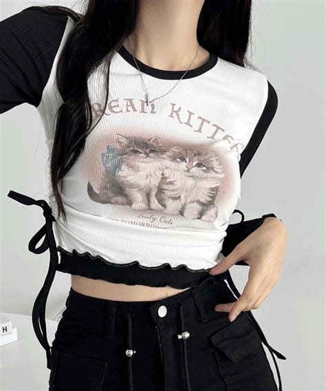 [허리잘록] 레이어드 옆셔링 고양이 긴팔 크롭티 스트링 물결티 나그랑 골지 티셔츠 No 1644 에이블리