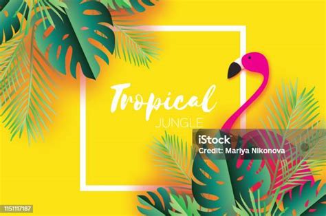 유행 여름 열 대 야자수 잎 식물 종이 컷 스타일 플라밍고 이국적인 하와이 여름 텍스트에 대 한 공간입니다 정사각형 프레임 녹색 정글 꽃 배경입니다 몬스 테라 손바닥 0명에