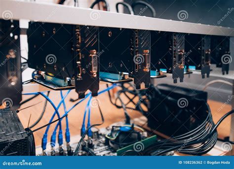 Cryptocurrency Mining Rig Creating Bitcoin Details Of Graphics Cards In Modern Industry Stock