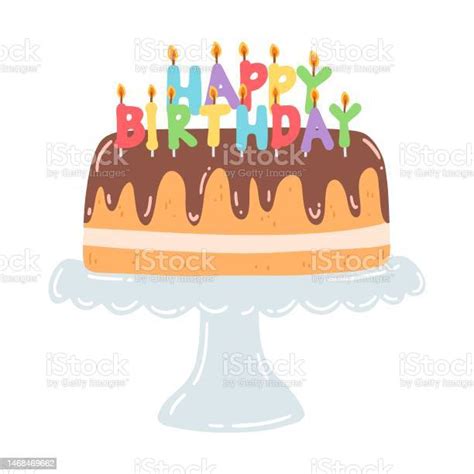 플랫 스타일의 촛불이 있는 스탠드에 생일 케이크 크림 달콤한 디저트 패스트리 음식이 있는 초콜릿 케이크의 손으로 그린 벡터 그림