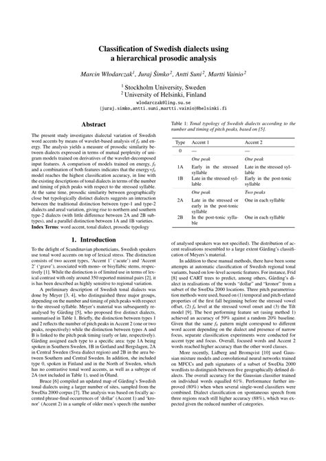 Pdf Classification Of Swedish Dialects Using A Hierarchical Prosodic