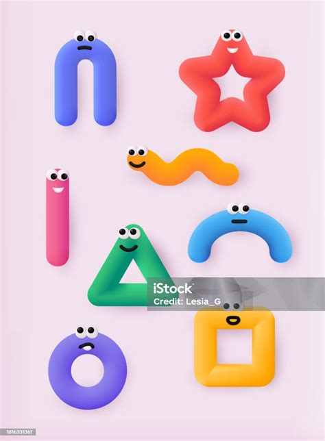 얼굴 감정을 가진 다양한 밝은 기하학적 인물의 집합입니다 귀엽고 재미있는 캐릭터 3d 웹 벡터 일러스트레이션 개념에 대한 스톡 벡터 아트 및 기타 이미지 Istock