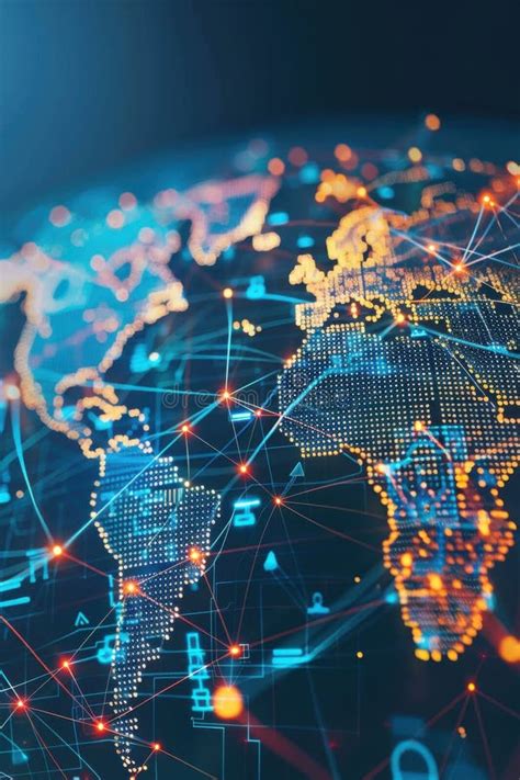 Intricate Digital World Map Highlighting Global Connectivity And Data Flow With Vibrant Lights