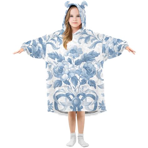 Blue Flowers Bowknots Pastel Elegant Flannel Wearable Blankets Hooded