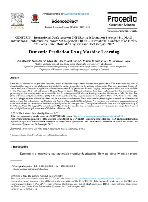 Pdf Dementia Prediction Using Machine Learning