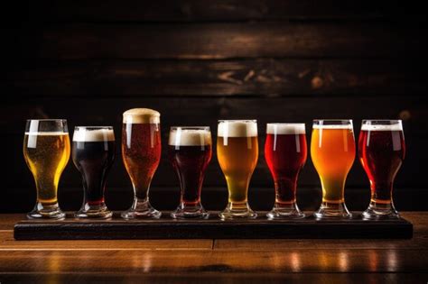 Premium AI Image Different Types Of Beers Displayed On A Wooden Table Close Up With Empty Space
