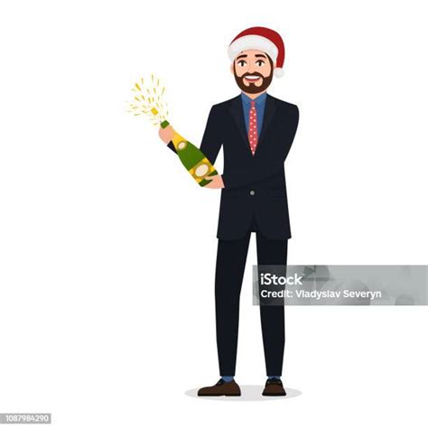 행복 한 수염된 남자가 열립니다 샴페인 새 해를 축 하 하는 플랫 스타일에 문자 경영자에 대한 스톡 벡터 아트 및 기타 이미지 경영자 기념일 기업 문화 Istock