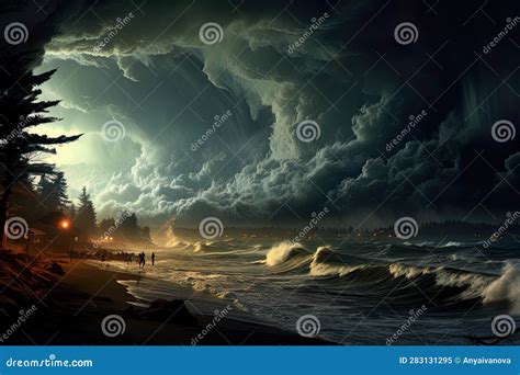 A Stormy Night At The Beach With People Walking On The Shore