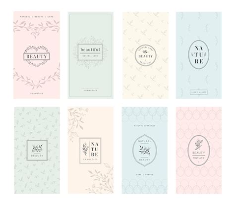 미용 제품 포장 템플릿 꽃 프레임 및 화장품 패키지 디자인 벡터 세트를 위한 천연 식물 장식 패턴 프리미엄 벡터