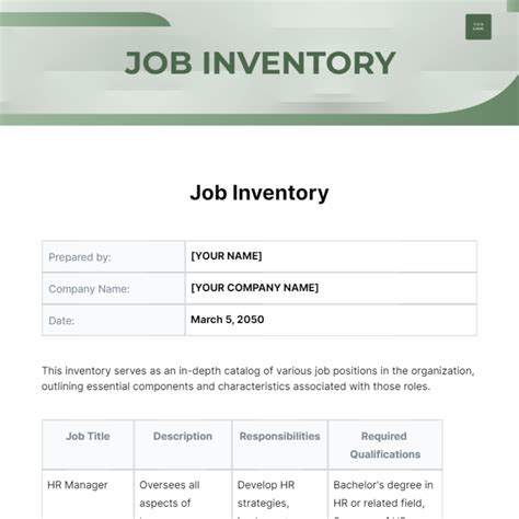 Free Job Inventory Template To Edit Online