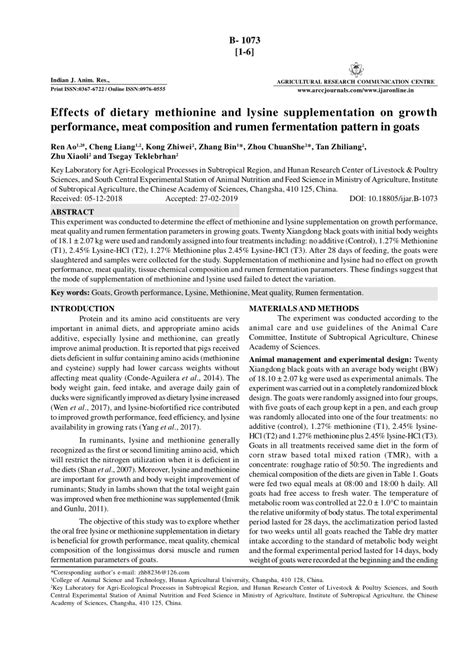 Pdf Ffects Of Dietary Methionine And Lysine Supplementation On Growth Performance Meat