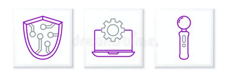 Set Line Gamepad Cyber Security And Laptop And Gear Icon Vector Stock Illustration