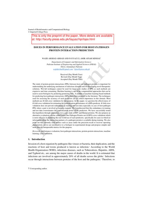 Pdf Issues In Performance Evaluation For Hostpathogen Protein