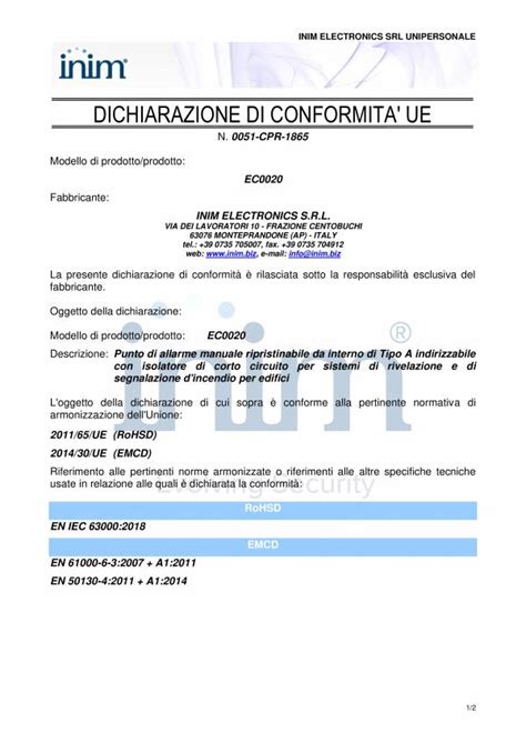 Ec0020 Dichiarazione Di Conformità Ue N 0051 Cpr 1865 Del