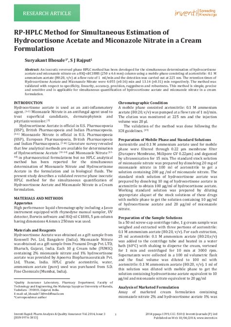 Pdf Rp Hplc Method For Simultaneous Estimation Of Hydrocortisone Acetate And Miconazole