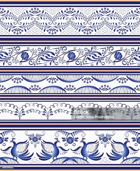 원활한 수평 테두리 또는 민족 스타일 Gzhel 도자기 그림의 집합입니다 0명에 대한 스톡 벡터 아트 및 기타 이미지 0명 고풍스런 공예 제품 Istock