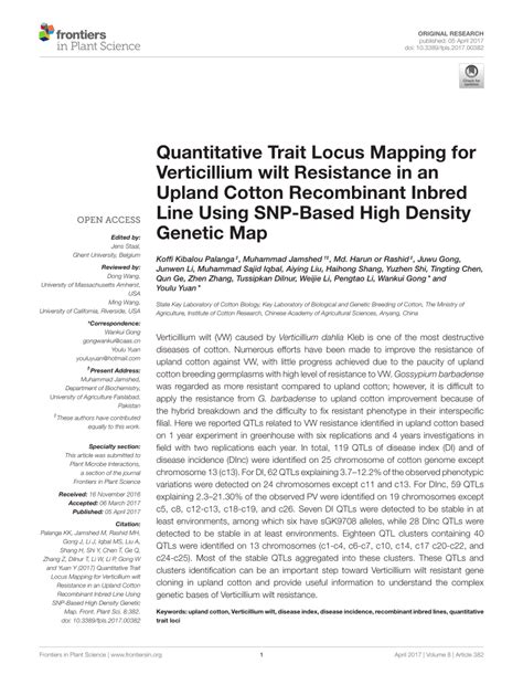 Pdf Quantitative Trait Locus Mapping For Verticillium Wilt Resistance
