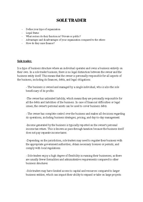 SOLE Traders SOLE TRADER Define Your Type Of Organization Legal Status What Sectors Do They