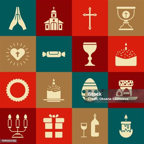 불타는 촛불 부활절 케이크 달걀 기독교 십자가 사탕 심장 기도하는 손 와인 잔 아이콘을 설정합니다 벡터 건축하기에 대한 스톡 벡터 아트 및 기타 이미지 Istock