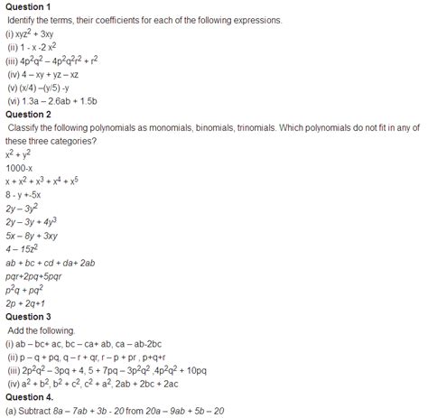 Important Questions For Class 8 Maths Chapter 9 Algebraic Expressions And Identities