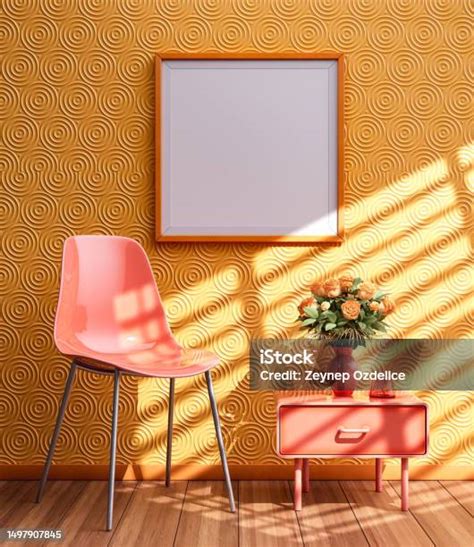 포스터와 제품 진열장 및 복사 공간을 위한 노란색 내부 공간의 벽에 노란색 색상의 단일 정사각형 액자 3d 렌더링 0명에 대한 스톡 사진 및 기타 이미지 Istock