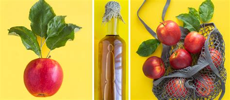 콜라주 유리 병에 사과 식초 사이다와 노란색 배경에 빨간 사과 상단 보기 그물망에 대한 스톡 사진 및 기타 이미지 그물망 노랑 식초 Istock