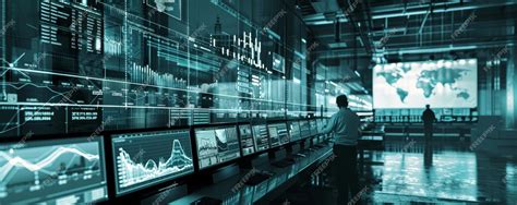 Futuristic Technology And Data Analysis In A Modern Control Room With Digital Screens And Global