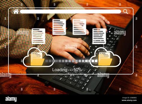 Encryption With File Transfer Concept Business Man Use Laptop For Remote And Download Or