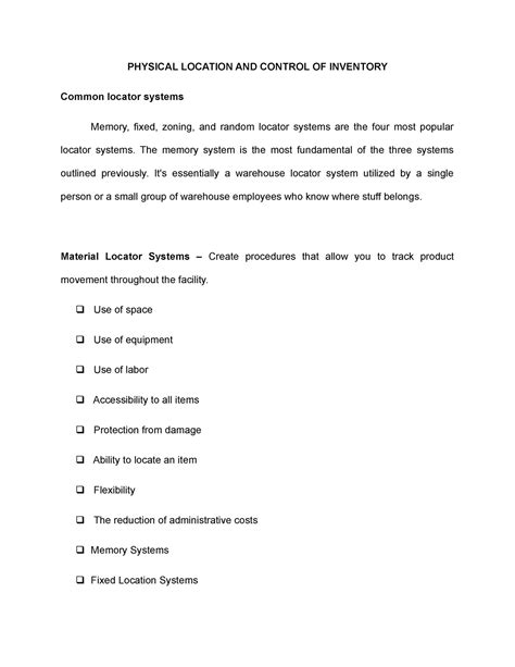 Inventory PHYSICAL LOCATION AND CONTROL OF INVENTORY Common Locator Systems Memory Fixed