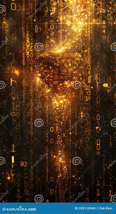 Abstract Digital Art With Golden Binary Code Streams Forming A Heart