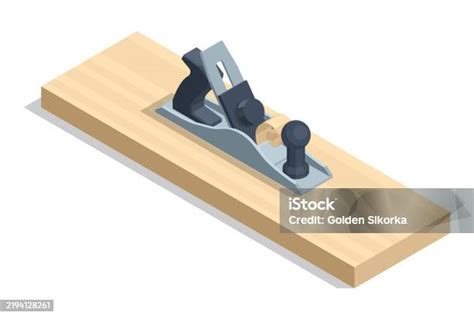 아이소 메트릭 목수의 금속 평면 접합기는 목공 작업장의 나무 작업대에 배치됩니다 목공 도구 나무 테이블 목공 작업장 가구에 대한 스톡 벡터 아트 및 기타 이미지 Istock