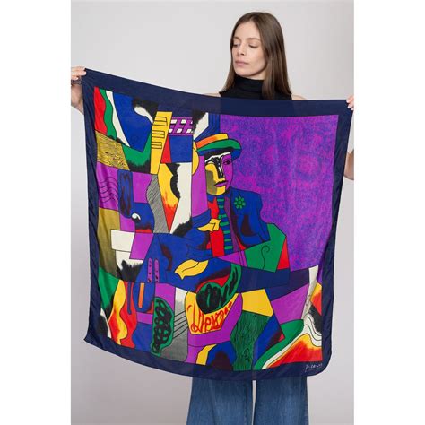 Vintage 80s Picasso Silk Art Print Large Square Scarf Flying Apple