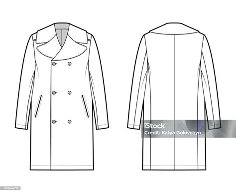 더블 브레스트 무릎 길이 테일러드 버튼 업 칼라 견장이 있는 리퍼 오버코트 테크니컬 패션 일러스트 0명에 대한 스톡 벡터 아트 및 기타 이미지 Istock