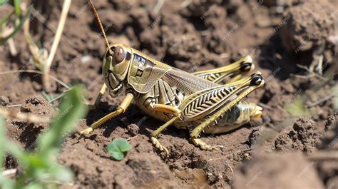 A Closeup Of A Grasshopper Perched On The Ground Its Intricate Markings