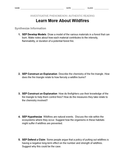 Wildfire Reading Worksheet Pdf Science And Mathematics