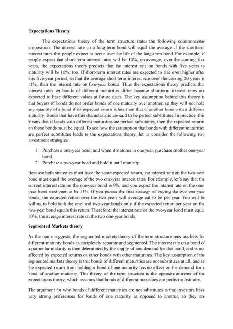 Expectations And Segmented Market Theory Expectations Theory The