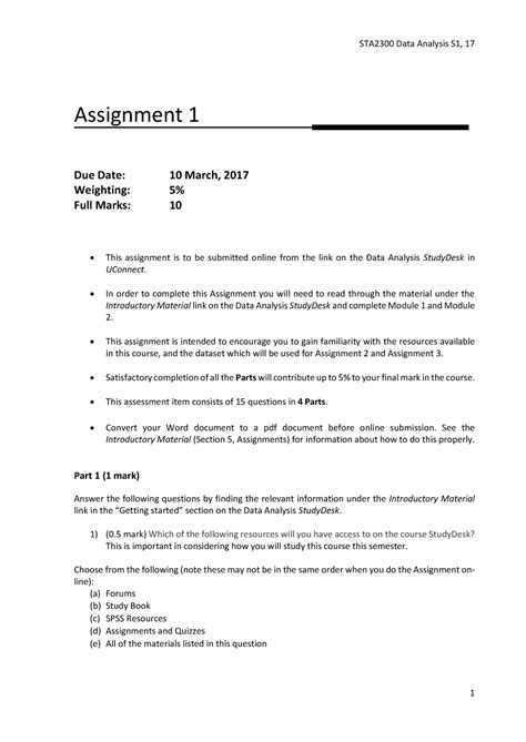Assignment 1 Sta2300 Data Analysis S1 17 Assignment 1 Due Date