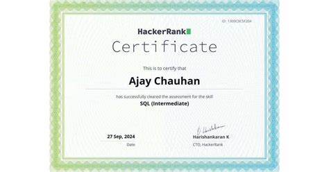 earned sql intermediate certificate with hackerrank ajay chauhan
