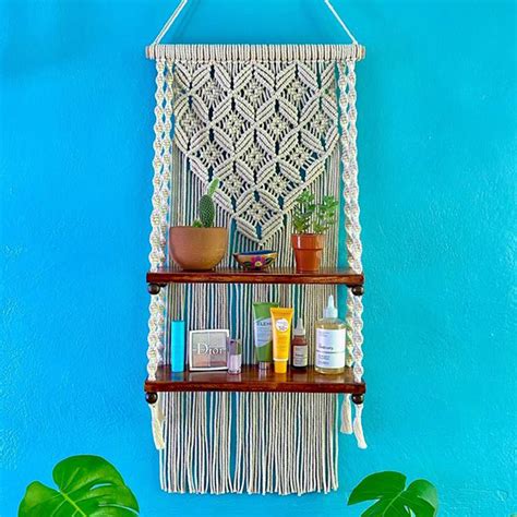 2 Tier Macrame Wall Shelf In Butterfly Pattern