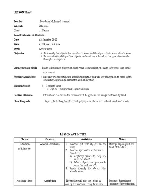 Lesson Plan Absorbtion Pdf Lesson Plan Teachers