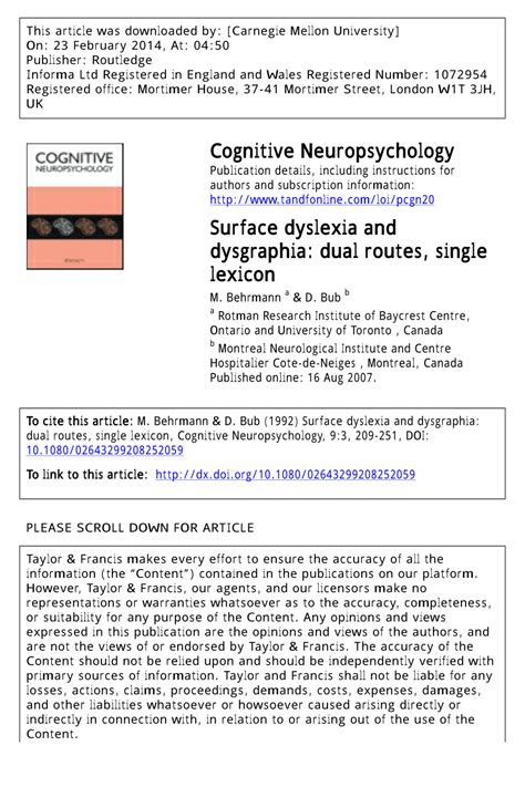 Pdf Surface Dyslexia And Dysgraphia Dual Routes Single Lexicon