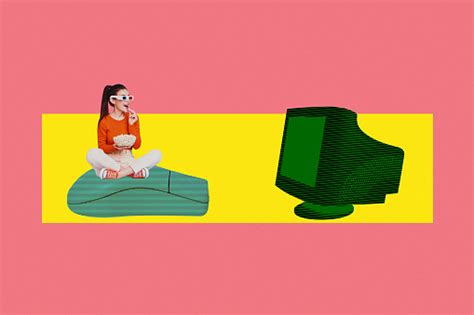 3d 사진 콜라주 템플릿 트렌드 아트웍 스케치 젊은 숙녀 착용 시네마 안경 먹다 팝콘 앉아 마우스 빈티지 컴퓨터 모니터 디스플레이 20 24세에 대한 스톡 사진 및 기타