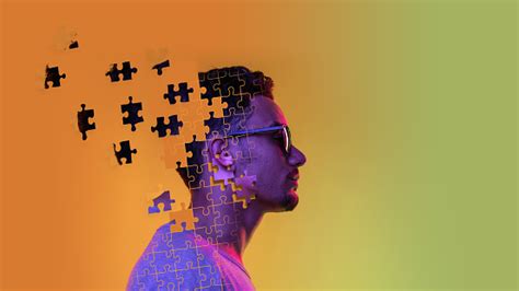 삽화 퍼즐 현대 미술 콜라주의 누락 된 조각으로 만든 젊은 남자의 측면 보기 다양성 정신 건강 감정 내면의 세계 창의성의 개념 퍼즐에 대한 스톡 사진 및 기타 이미지