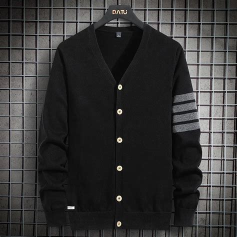 남성용 블랙 스트라이프 가디건 스웨터 100 코튼 따뜻한 슬림 V넥 오버사이즈 코트 한국 의류