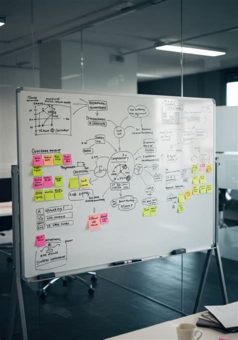 Whiteboard With Colorful Sticky Notes And Diagrams In Modern Office Stock Illustration